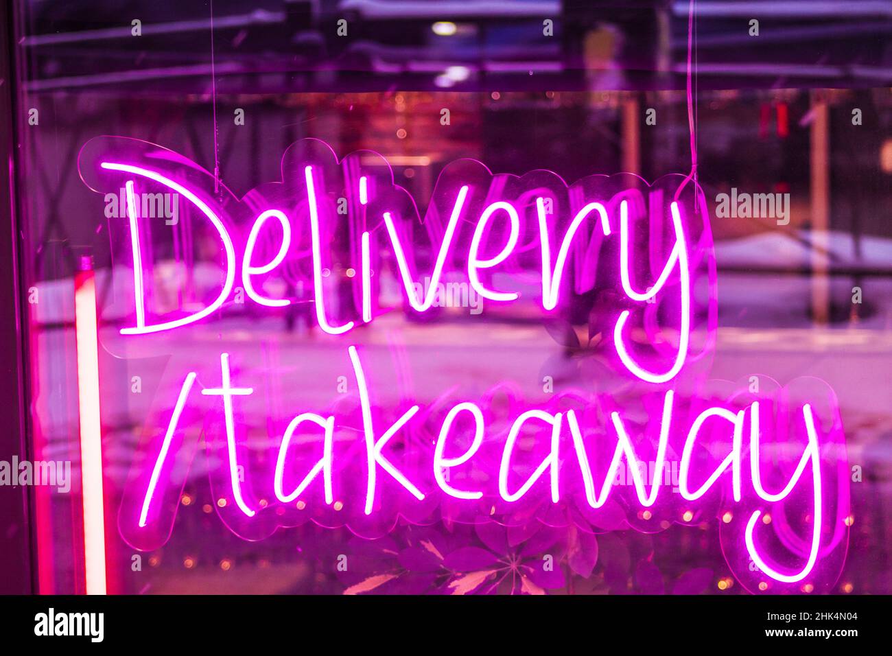 takeaway delivery eat food cafe neon sign glowing marketing window ...