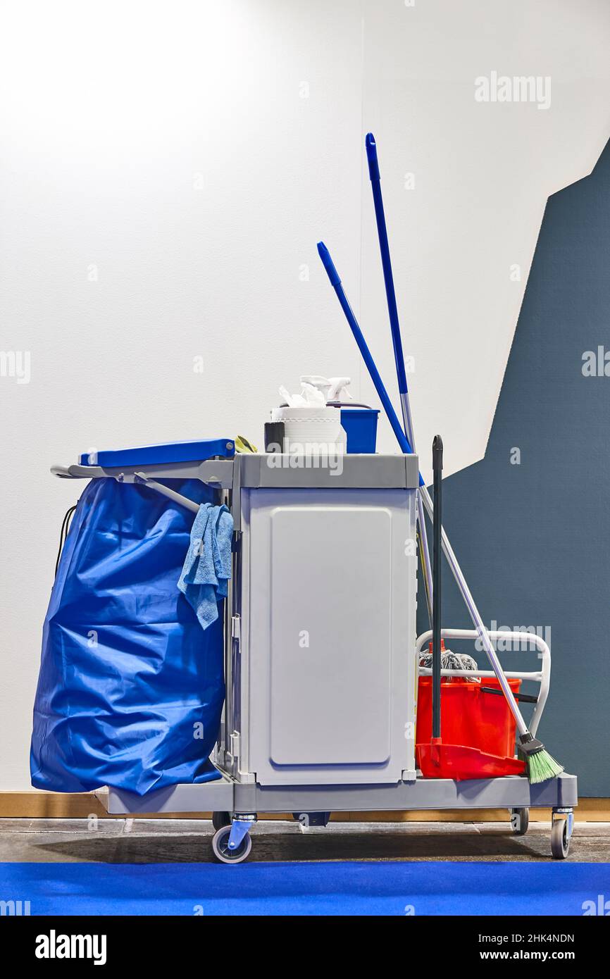 Professional cleaning trolley set with tools and utensils. Cleaning ...