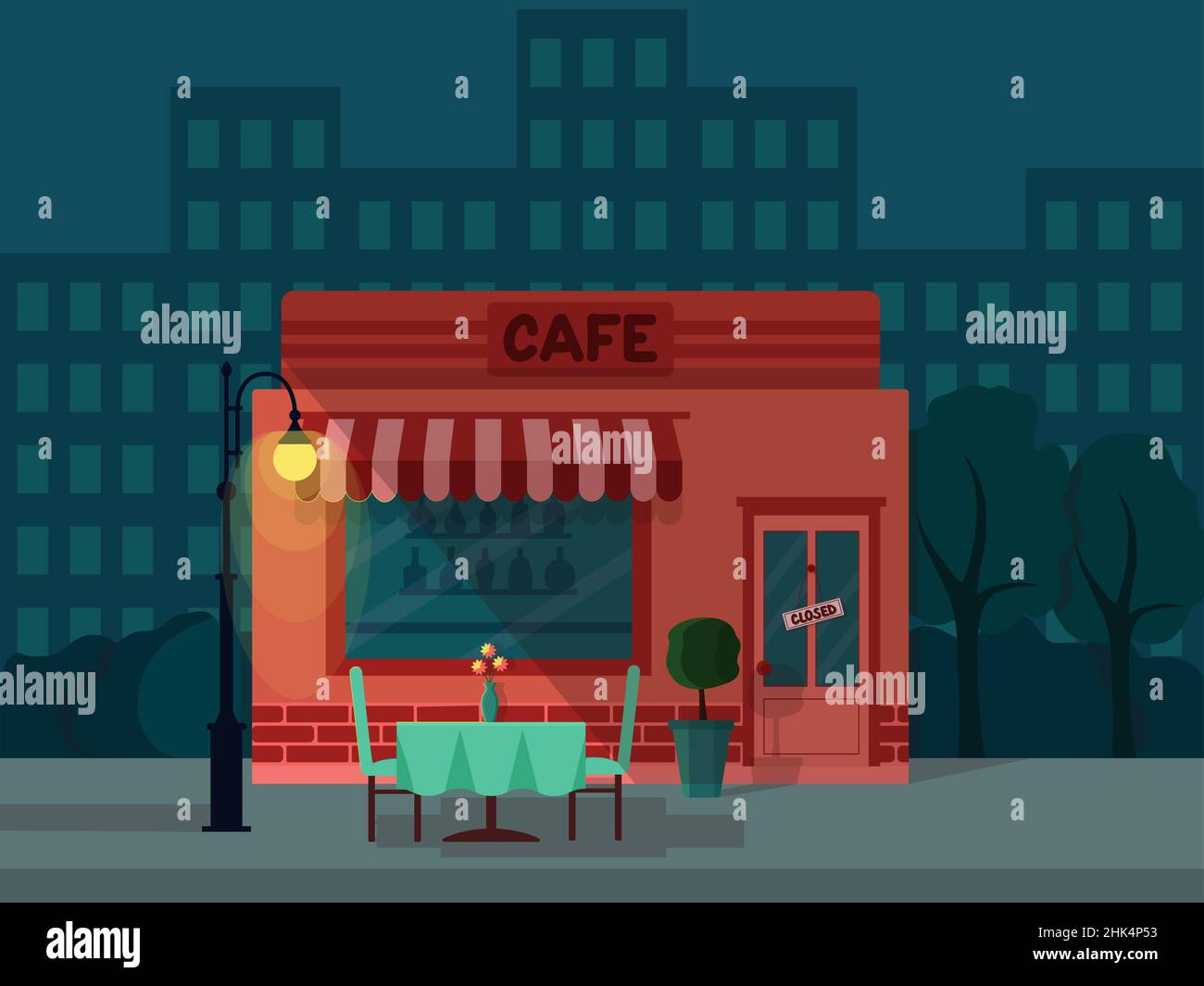 Background with night city and closed cafe, vector illustration Stock ...