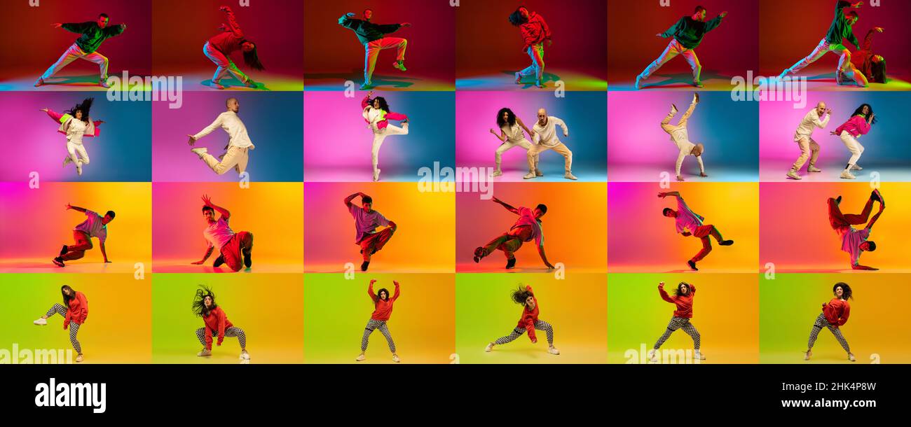Collage with break dance or hip hop dancers dancing isolated over ...