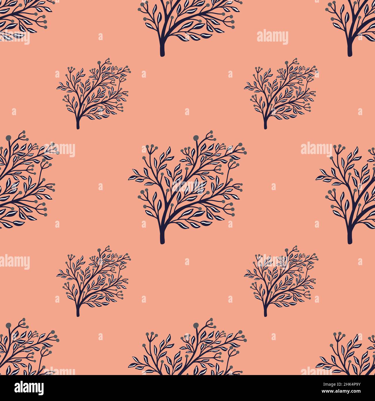 Navy blue forest tree silhouettes seamless doodle pattern. Pink ...