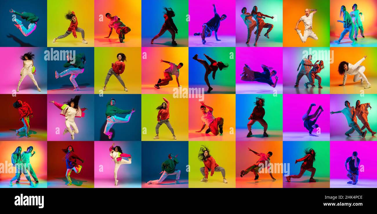 Collage with break dance or hip hop dancers dancing isolated over ...