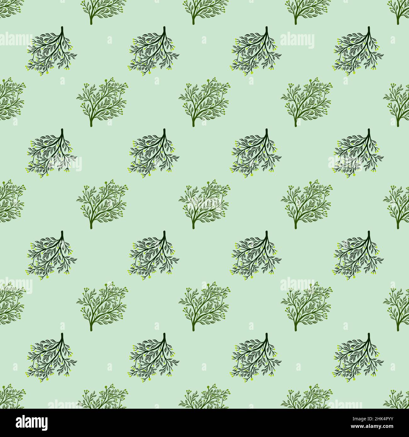 Floral green shrub silhouettes seamless pattern in doodle style. Light ...