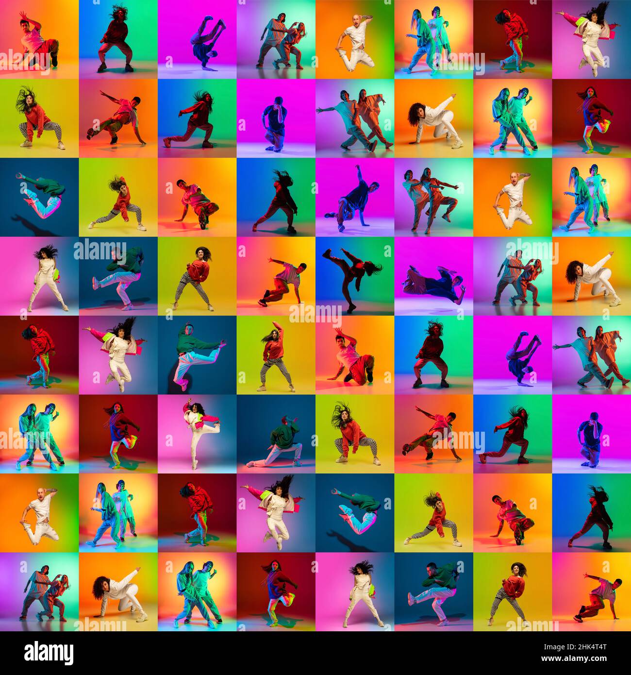 Collage with break dance or hip hop dancers dancing isolated over multicolored background in ...