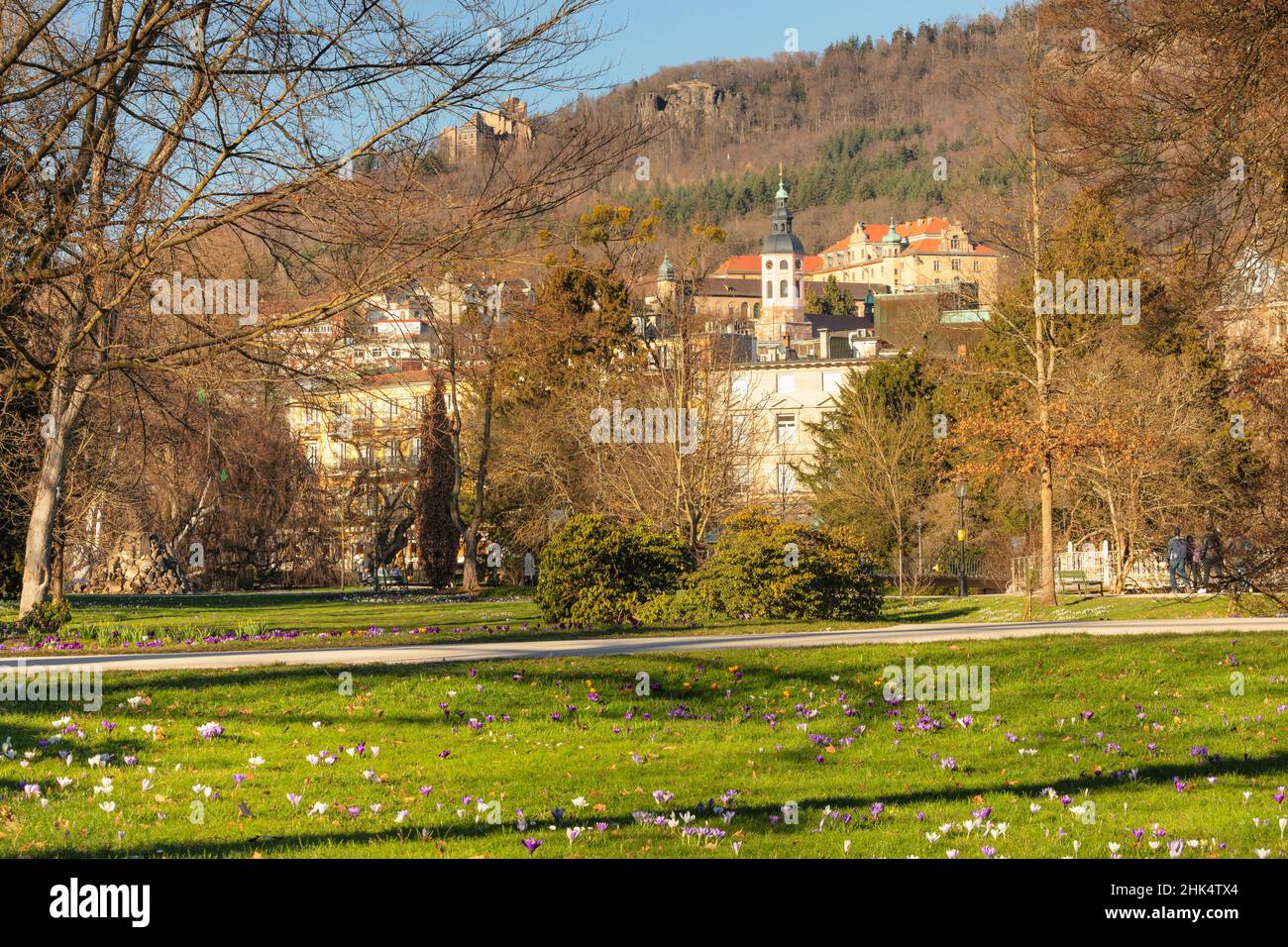 View from spa park to the new castle and Hohenbaden castle ruin, Baden ...