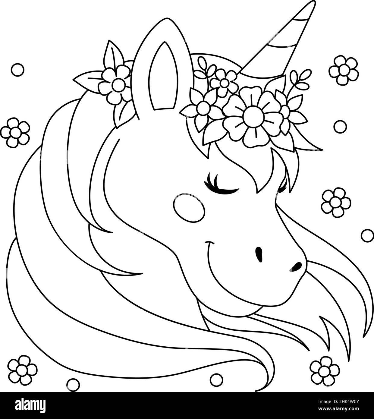 Unicorn Wearing A Flower Wreath Coloring Page Stock Vector Image & Art ...