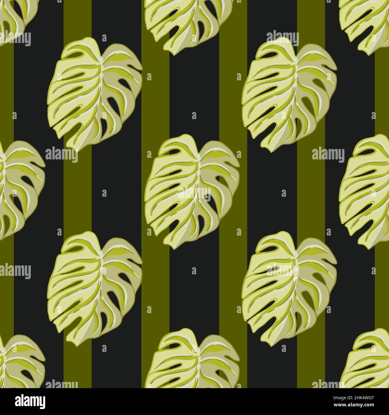 Abstract botanic seamless pattern with green monstera leaves shapes. Striped background. Foliage ...