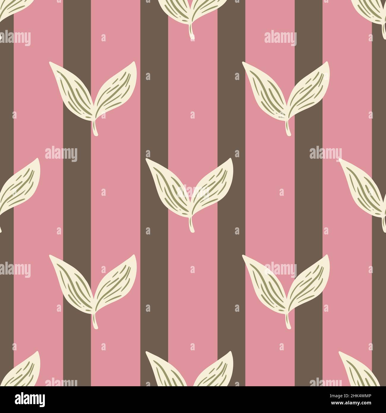 White simple leaves ornament seamless nature pattern. Pink and brown ...