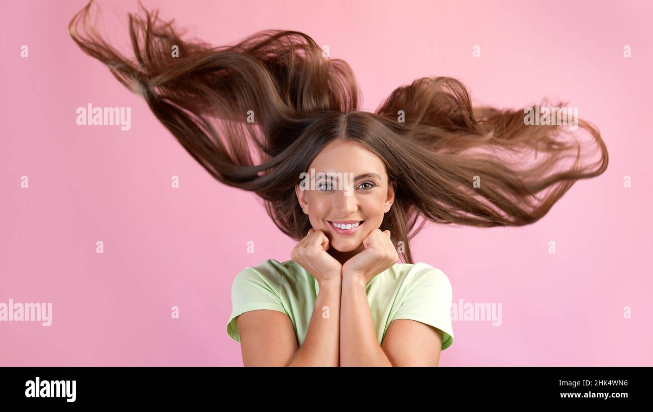 Photo of nice lady long haircut flying enjoy new anti dander product ...