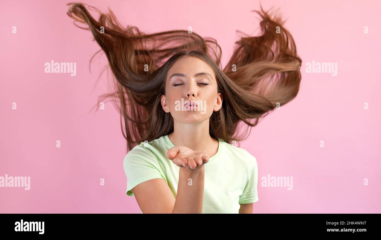 Photo of dreamy romantic lady haircut flying send air kiss flirt ...