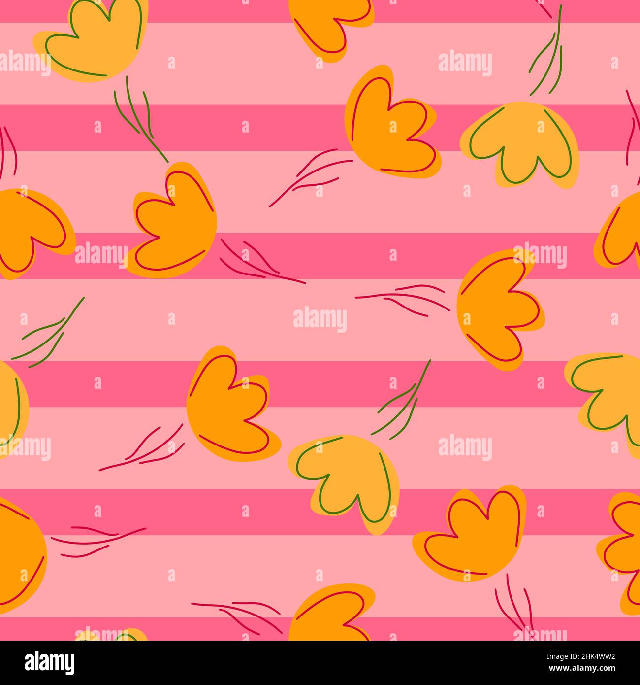 Random yellow outline flowers shapes seamless doodle pattern. Pink ...