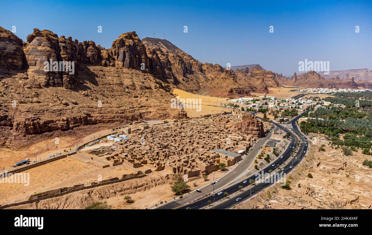 Aerial of the old town of Al Ula, Kingdom of Saudi Arabia, Middle East ...