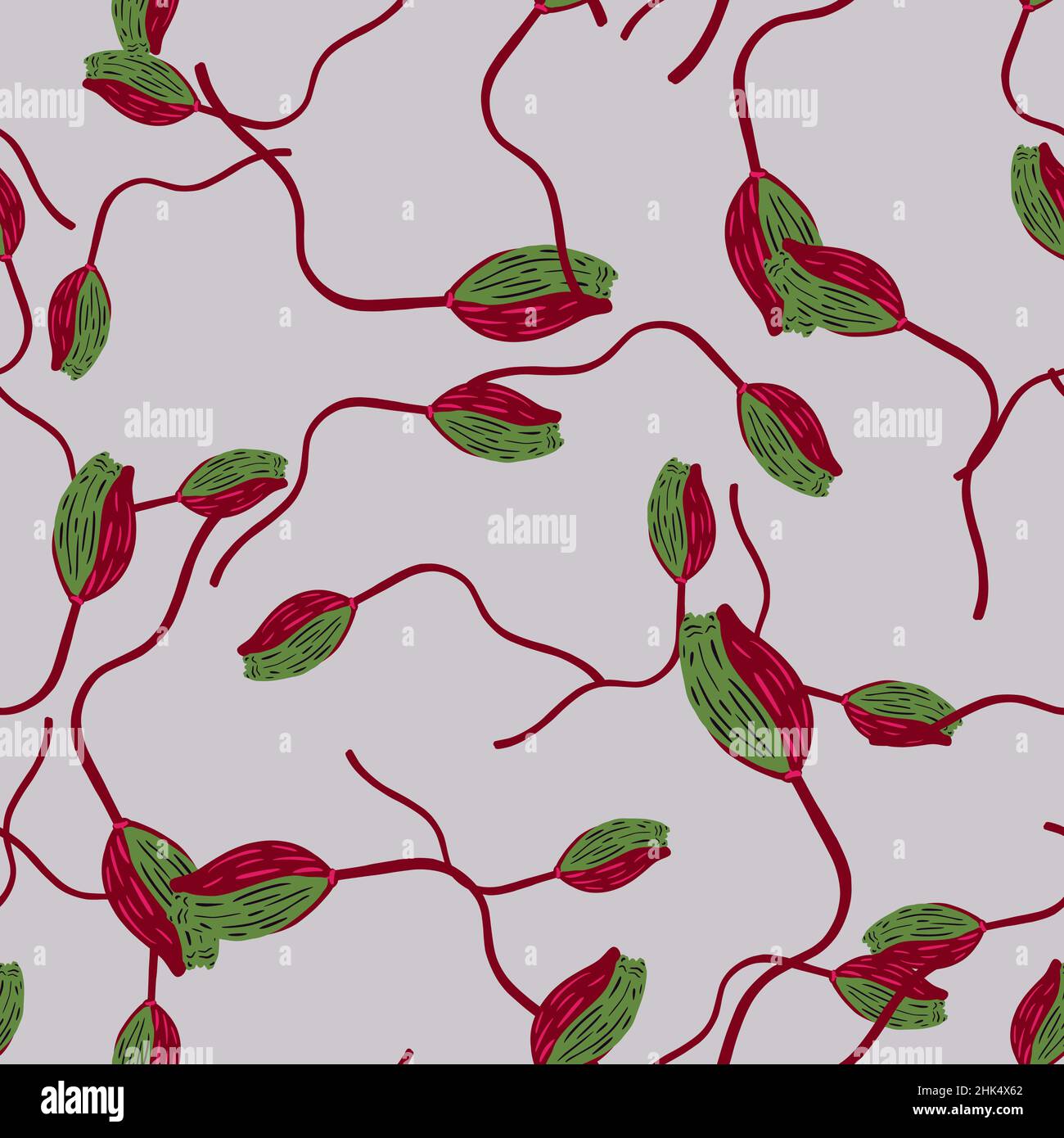 Decorative seamless pattern with red and green random poppy bud shapes ...