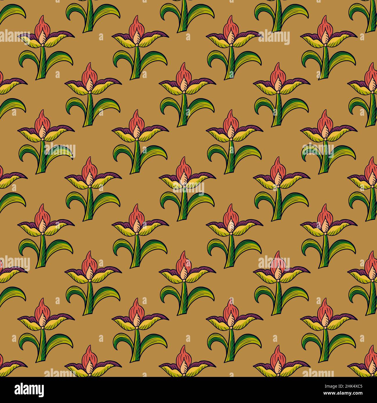 Decorative abstract pink tulip flowers elements seamless pattern. Beige ...