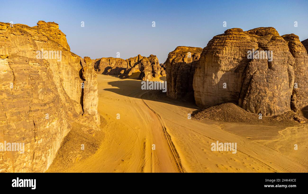 Aerial of a sandstone canyon, Al Ula, Kingdom of Saudi Arabia, Middle ...