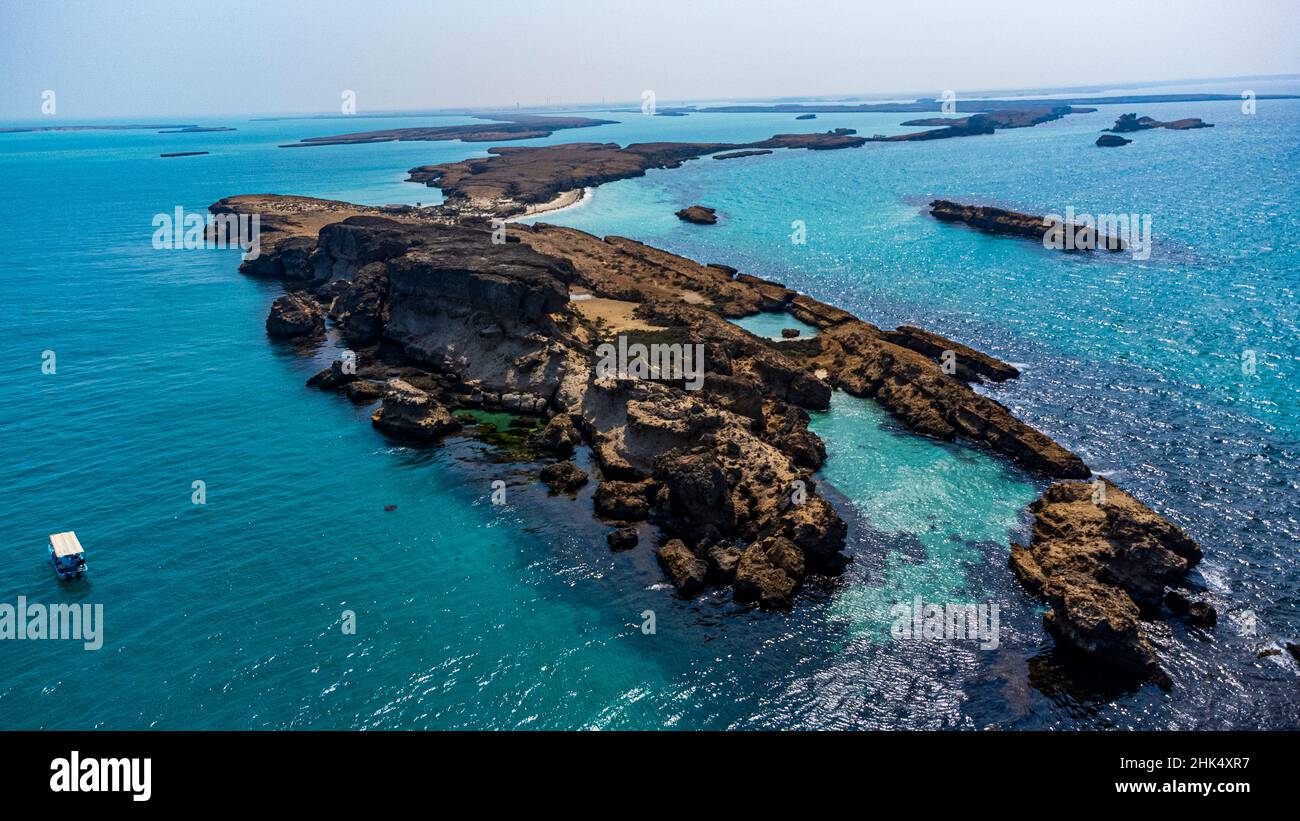 Aerial of a little boat in the Farasan islands, Kingdom of Saudi Arabia ...
