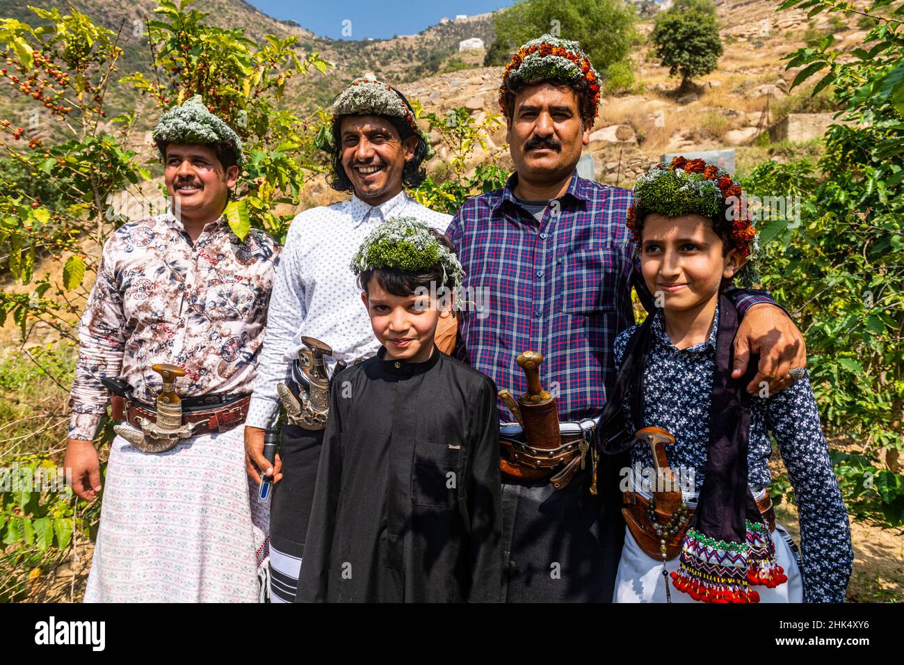 Traditional dressed men of the Qahtani Flower men tribe, with his sons ...