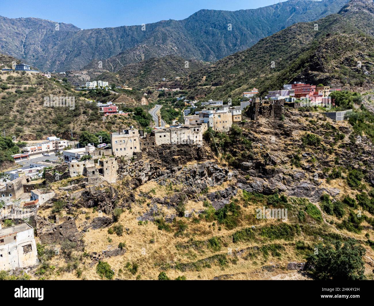 Village on a rock edge, Asir Mountains, Kingdom of Saudi Arabia, Middle ...