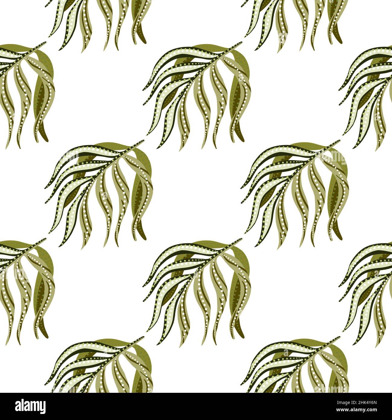 Seamless isolated pattern with green palm leaf elements print. White background. Natural tropic ...