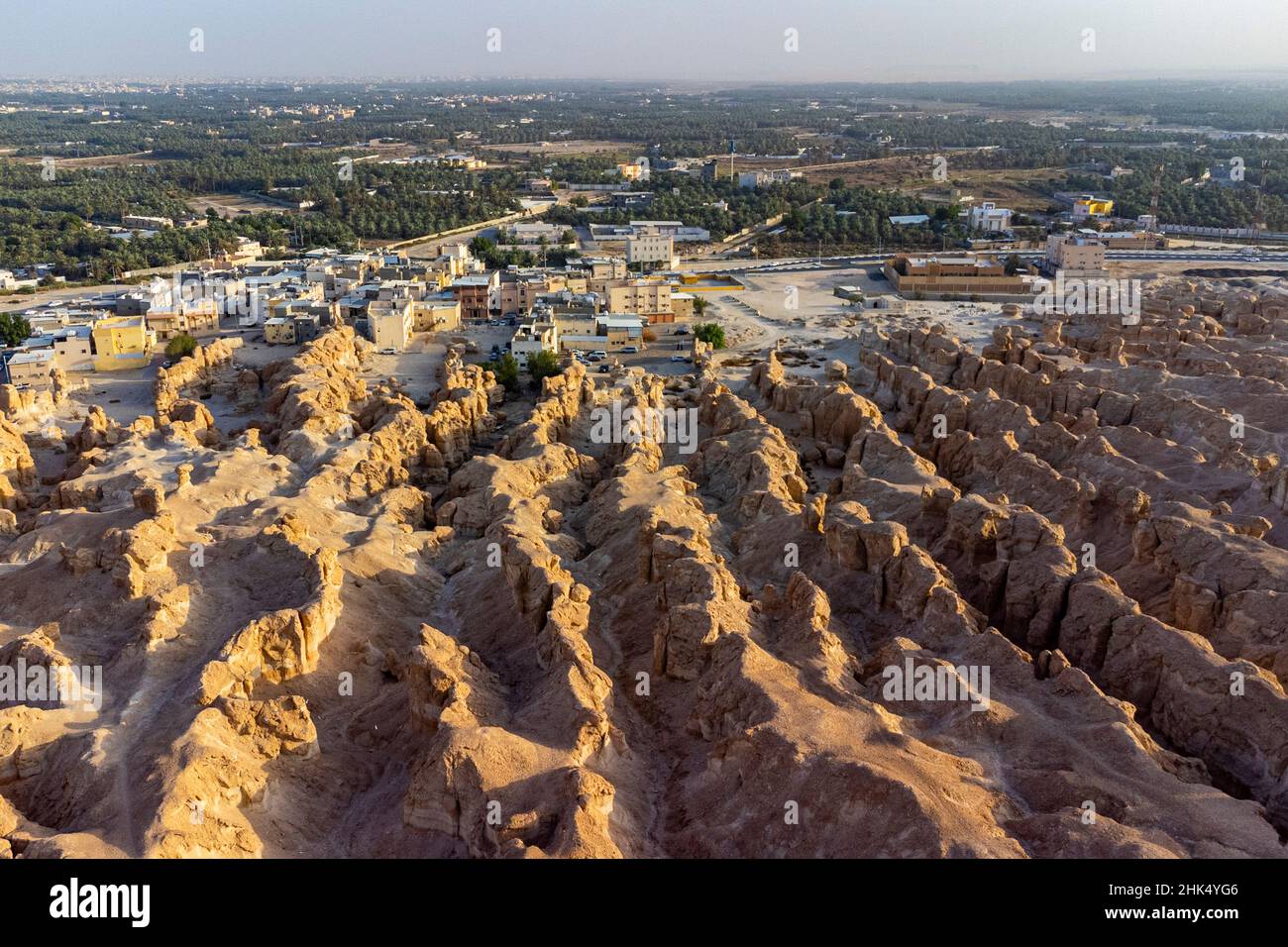 Aerial of the Al Qarah mountain, Al Ahsa (Al Hasa) Oasis, UNESCO World Heritage Site, Hofuf ...