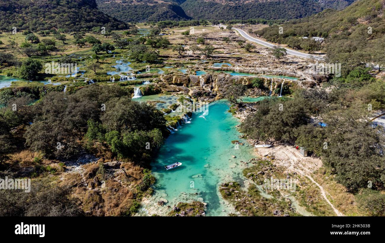 Aerial of turquoise waterfalls, Wadi Darbat, Salalah, Oman, Middle East ...
