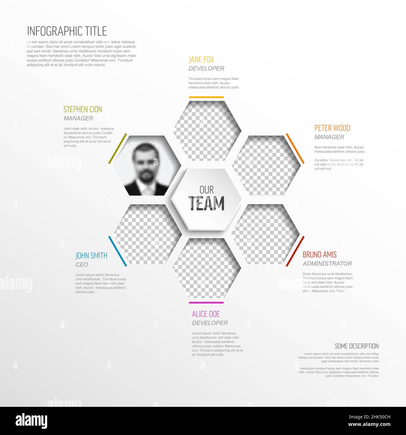 Company team members color hexagon mosaic presentation template with ...