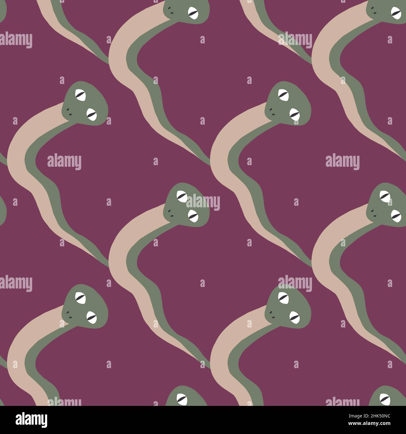Fauna seamless pattern with green pale snakes shapes. Purple background ...