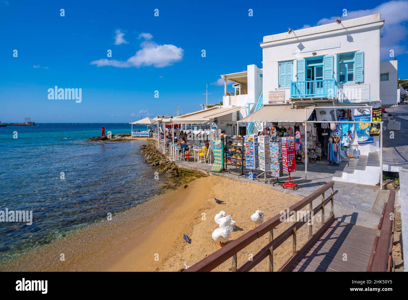 View of restaurant overlooking Old Port Beach, Mykonos Town, Mykonos ...