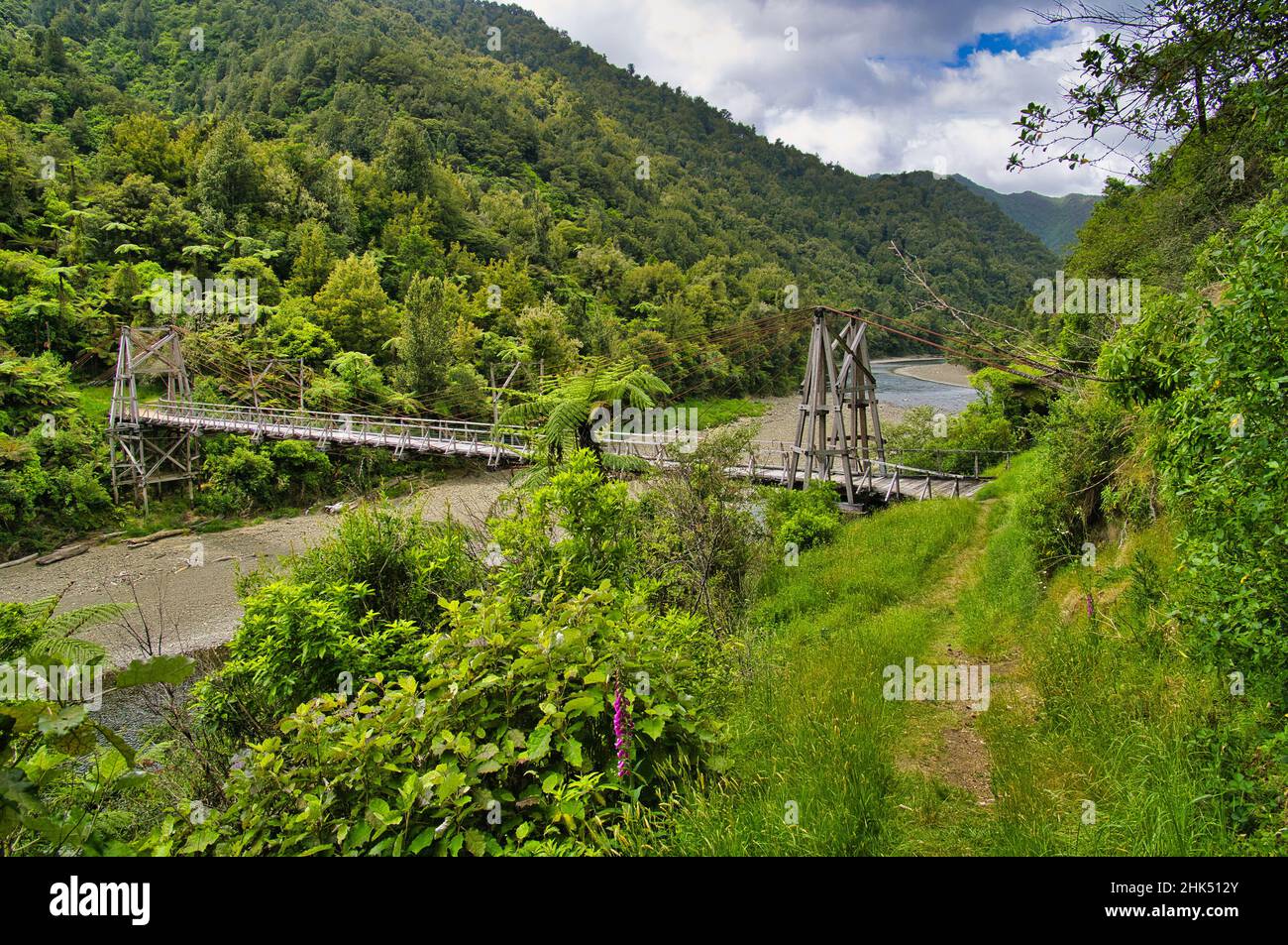 The historic Tauranga Bridge, a suspension bridge spanning the Waioeka ...