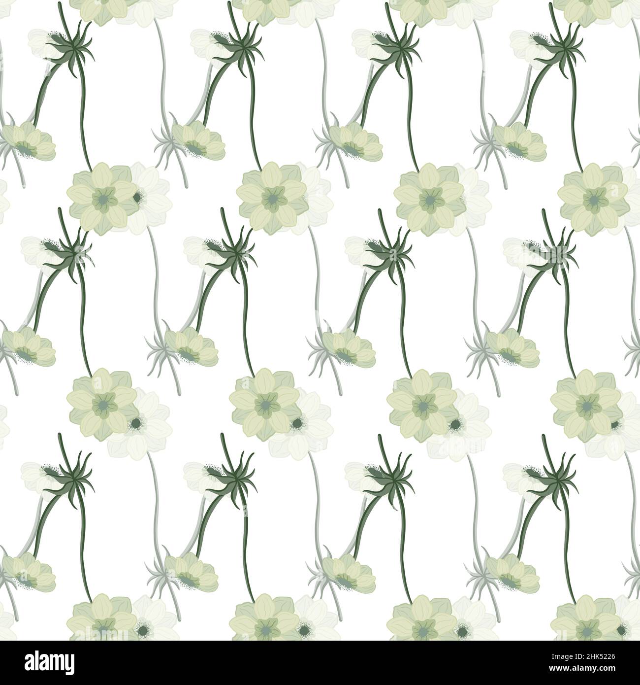 Hand drawn nature seamless pattern with isolated pastel green anemone ...