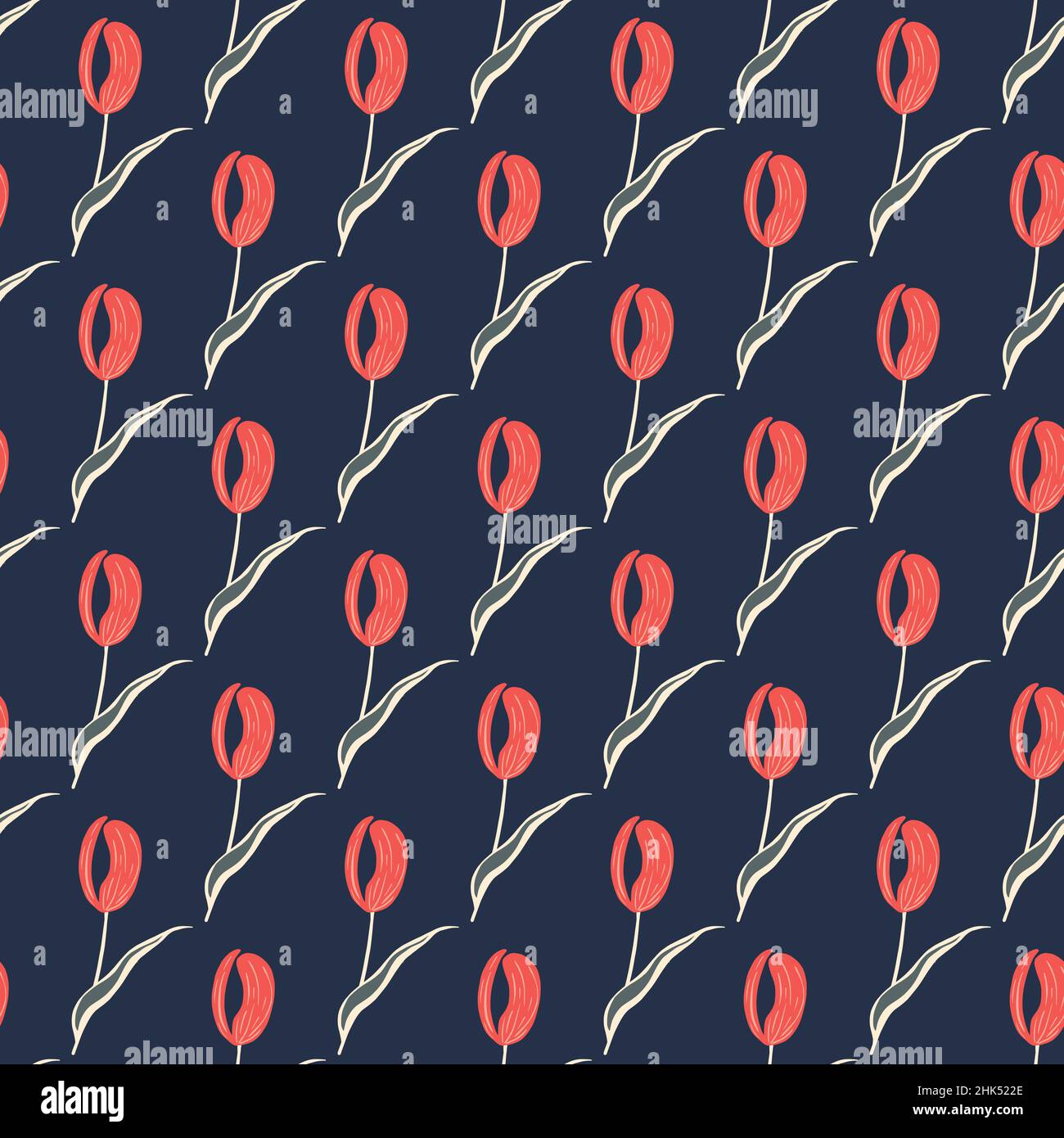 Nature seamless pattern with pink tulip flowers shapes print. Navy blue ...