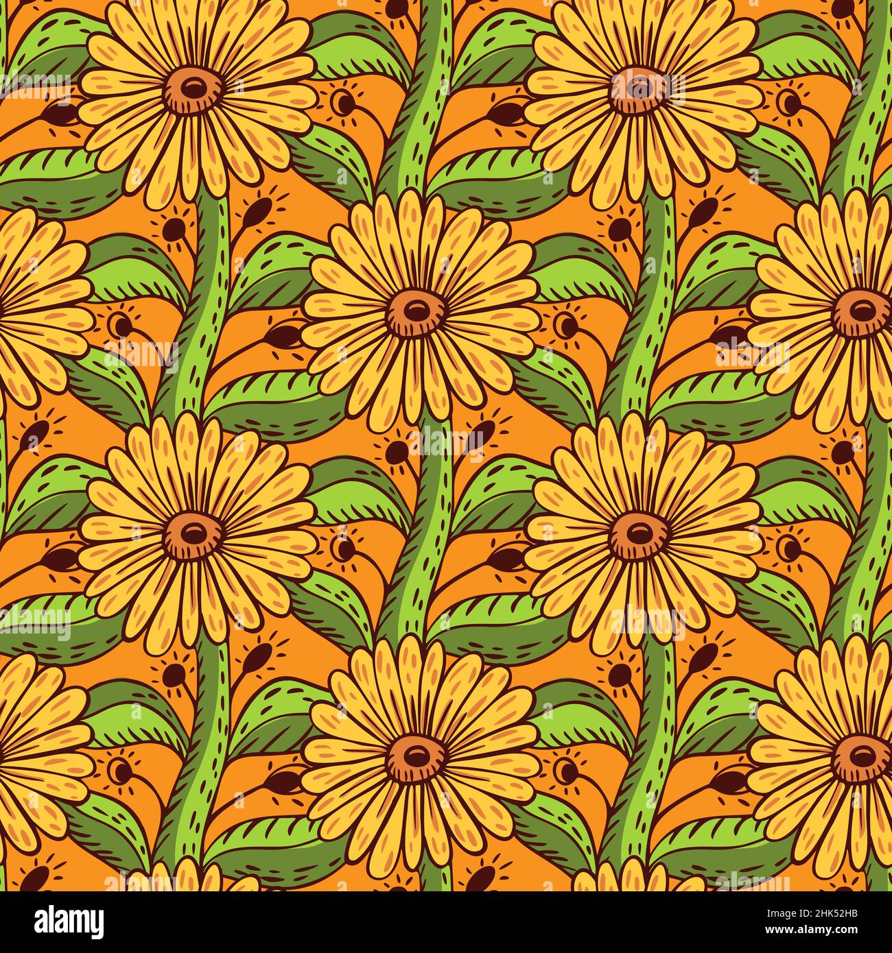 Botanic sunflower elements seamless pattern in hand drawn botany style ...