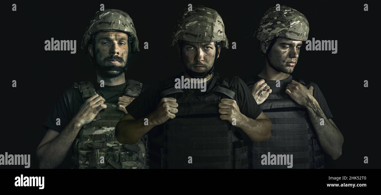 Conceptual collage with young male soldiers isolated on dark background ...