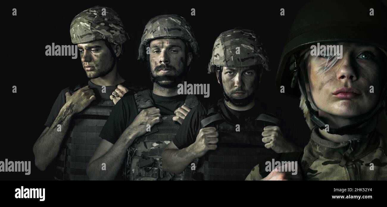Land-forces. Conceptual collage with young male and female soldiers ...