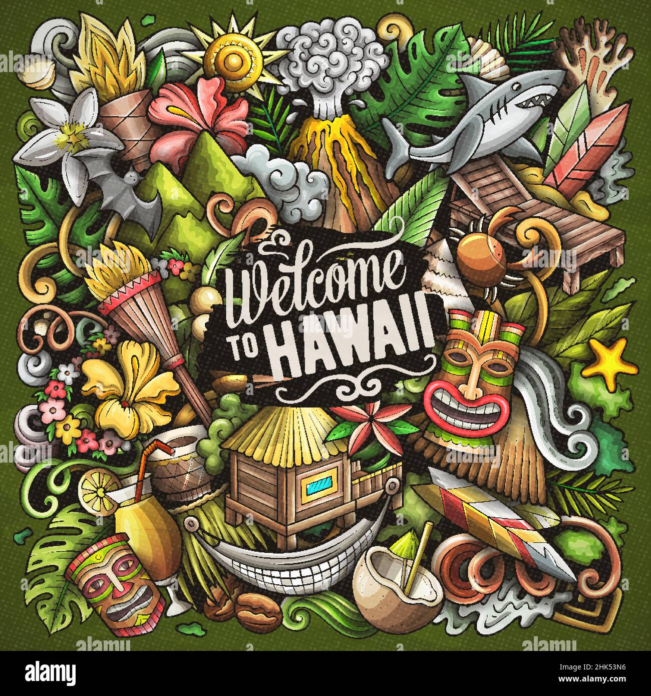 Hawaii cartoon vector doodles illustration. Hawaian poster design ...