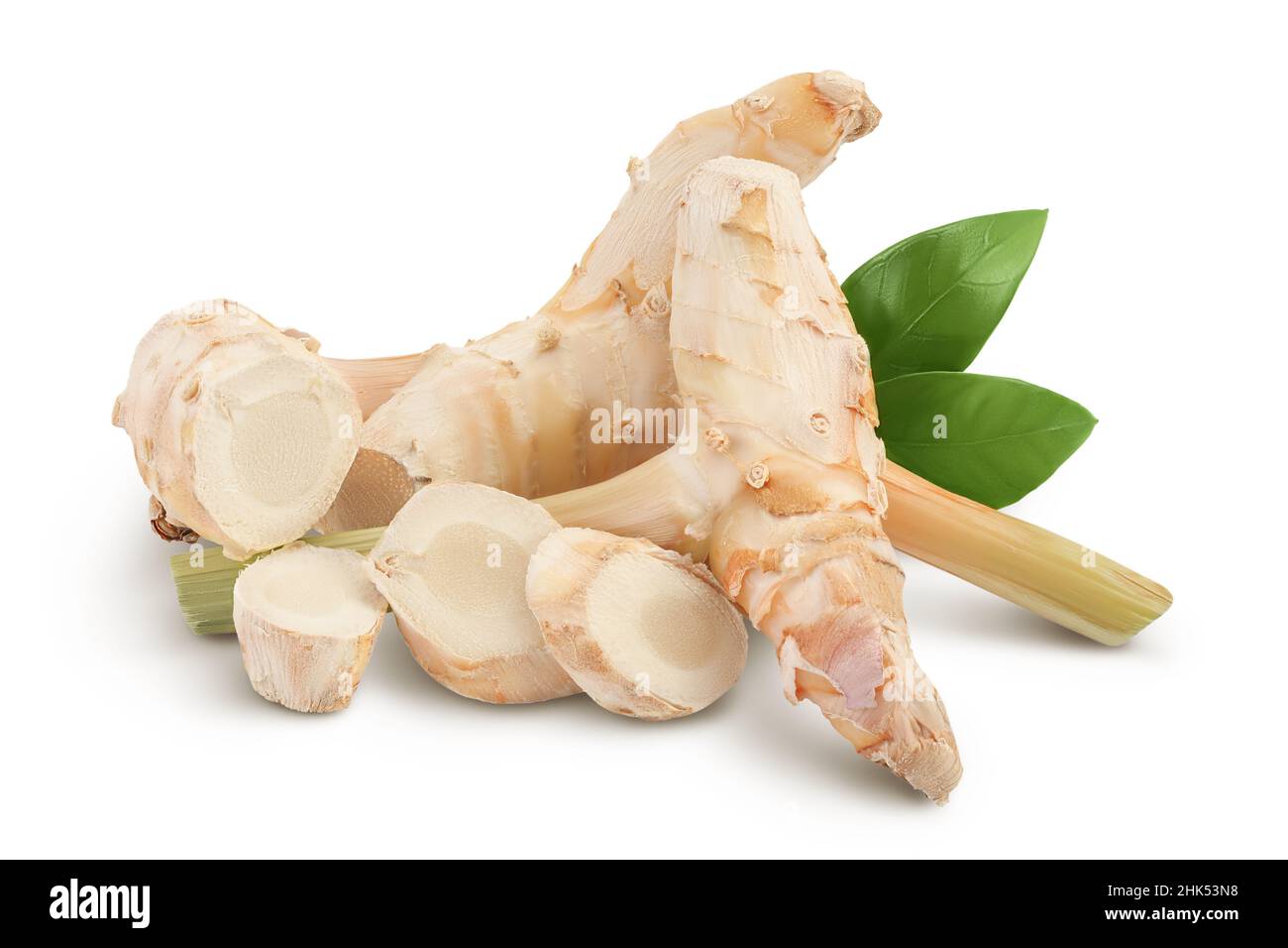 Fresh galangal root with slices isolated on white background with ...