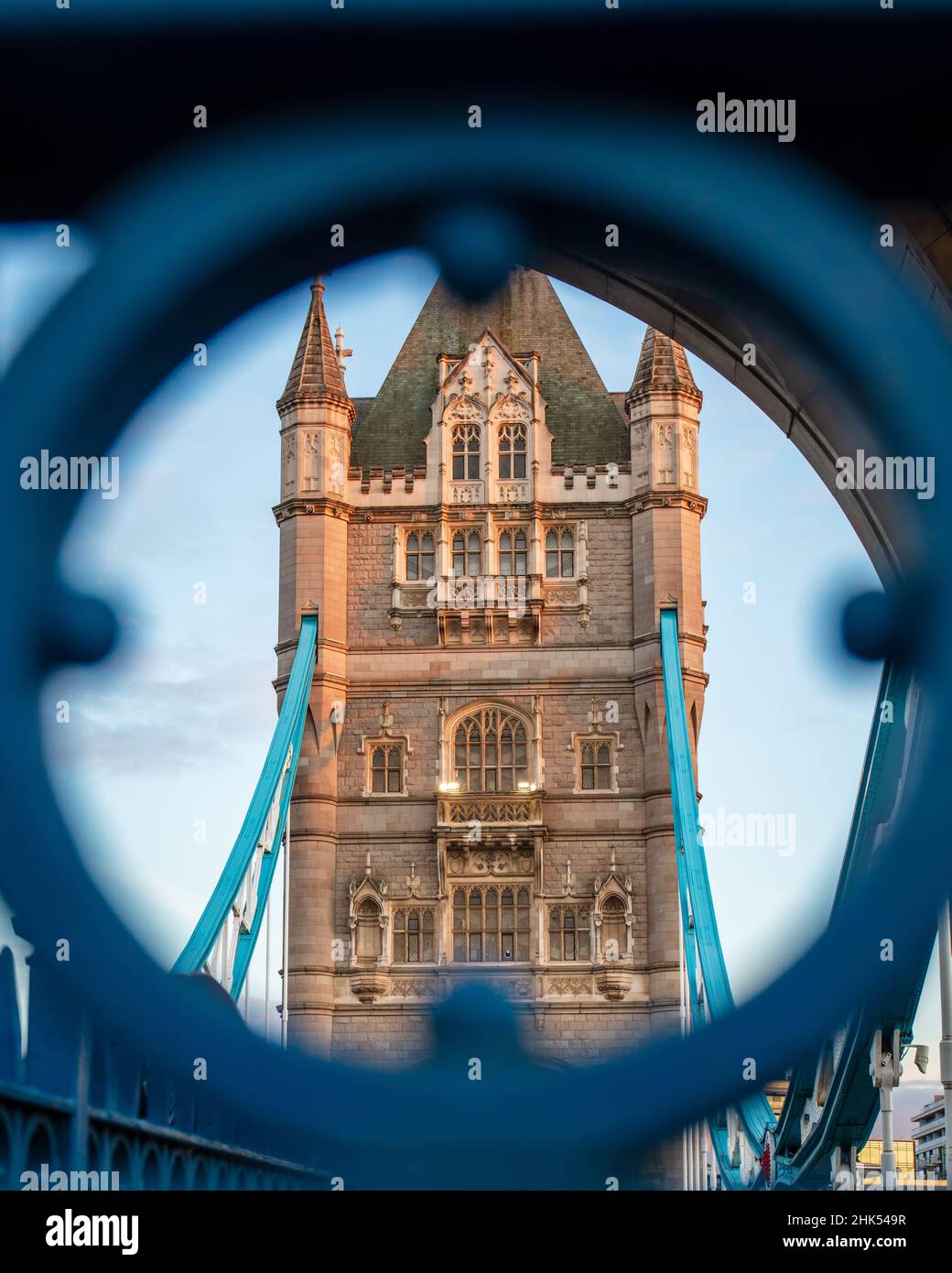 View of Tower Bridge through metal railings, London, England, United ...