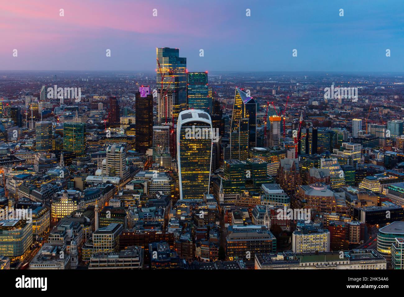 City of London skyscrapers at dusk, including Walkie Talkie building ...