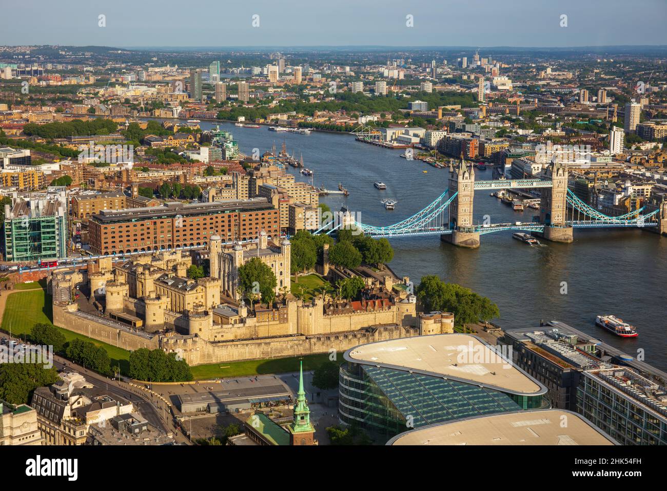 River Thames, Tower of London and Tower Bridge from above, London ...
