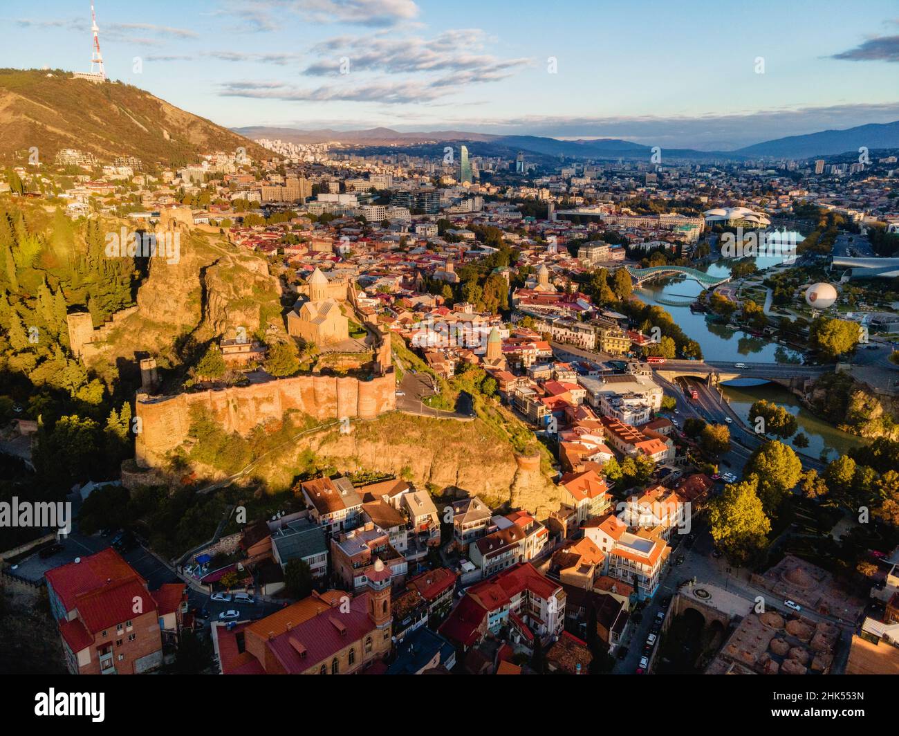 Aerial cityscape view of Tbilisi's old town at sunrise, Tbilisi ...