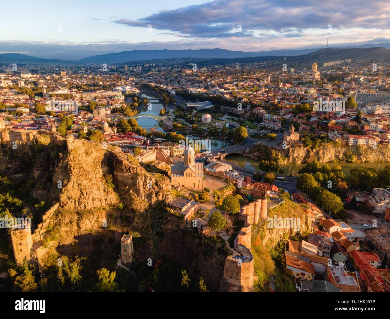 Aerial cityscape view of Tbilisi's old town at sunrise, Tbilisi ...