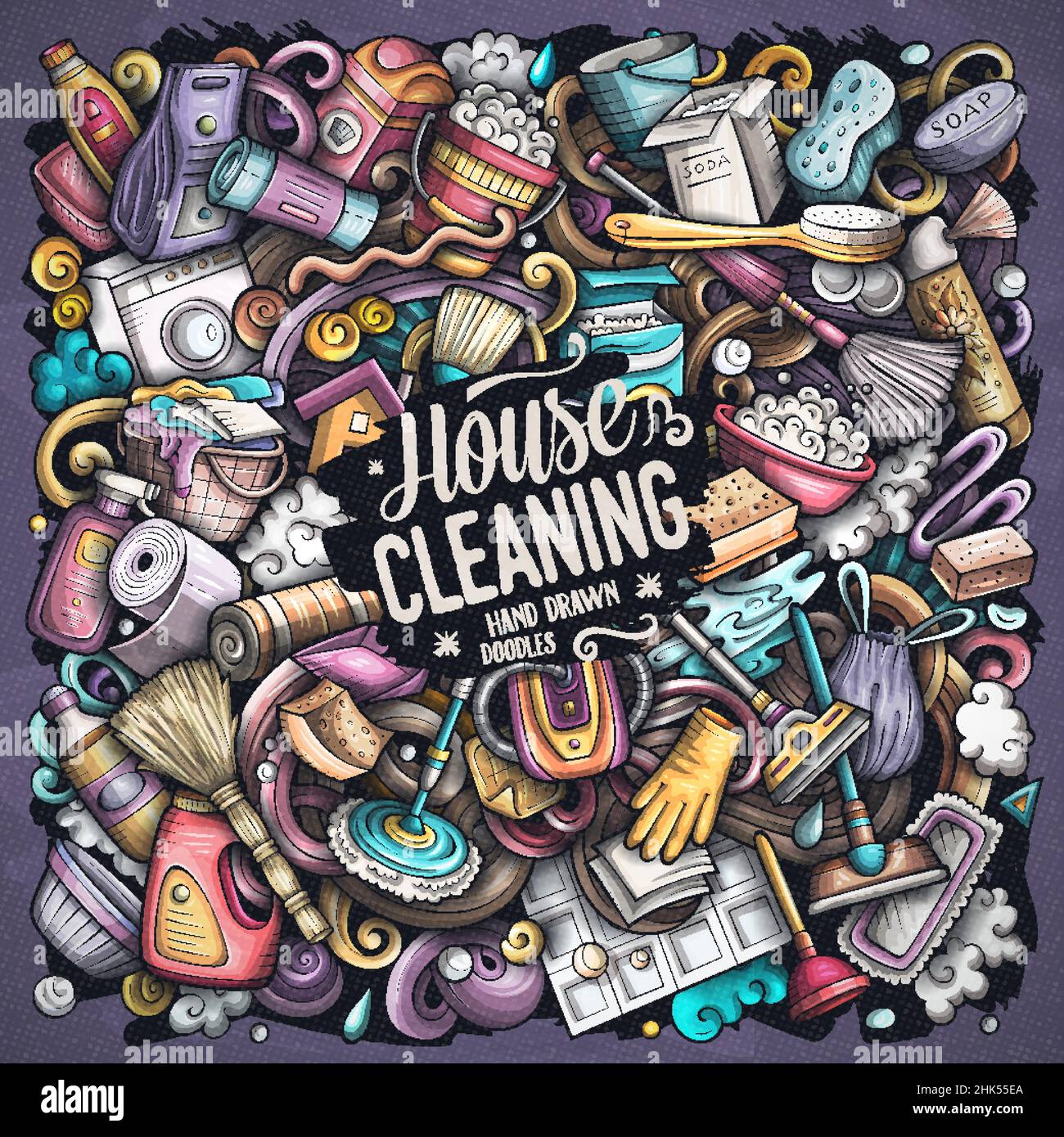 Cleaning hand drawn vector doodles illustration. Cleanup poster design ...