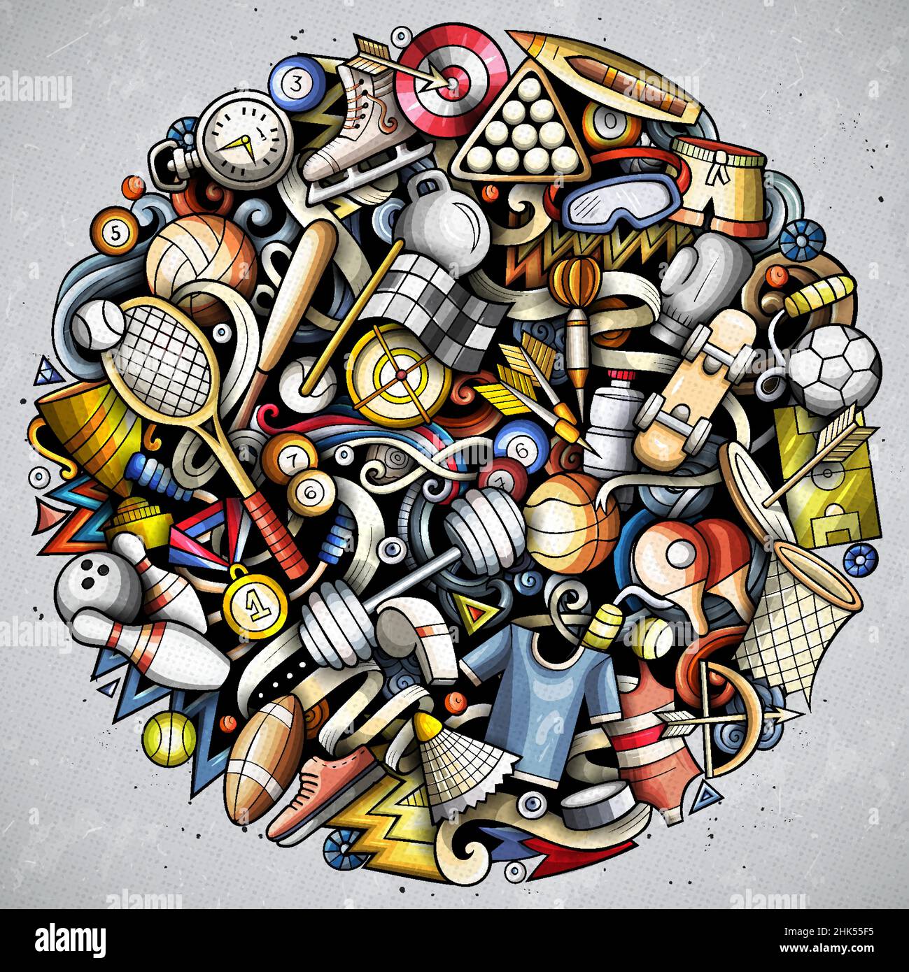 Sports hand drawn vector doodles illustration. Activities round design ...