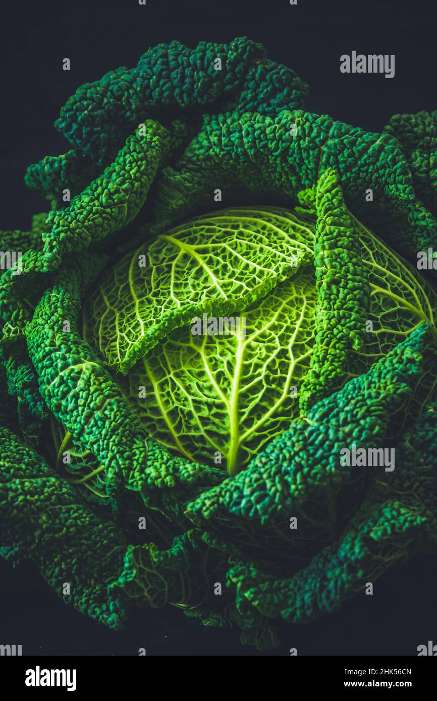 Whole savoy cabbage on a black background, vertical Stock Photo - Alamy