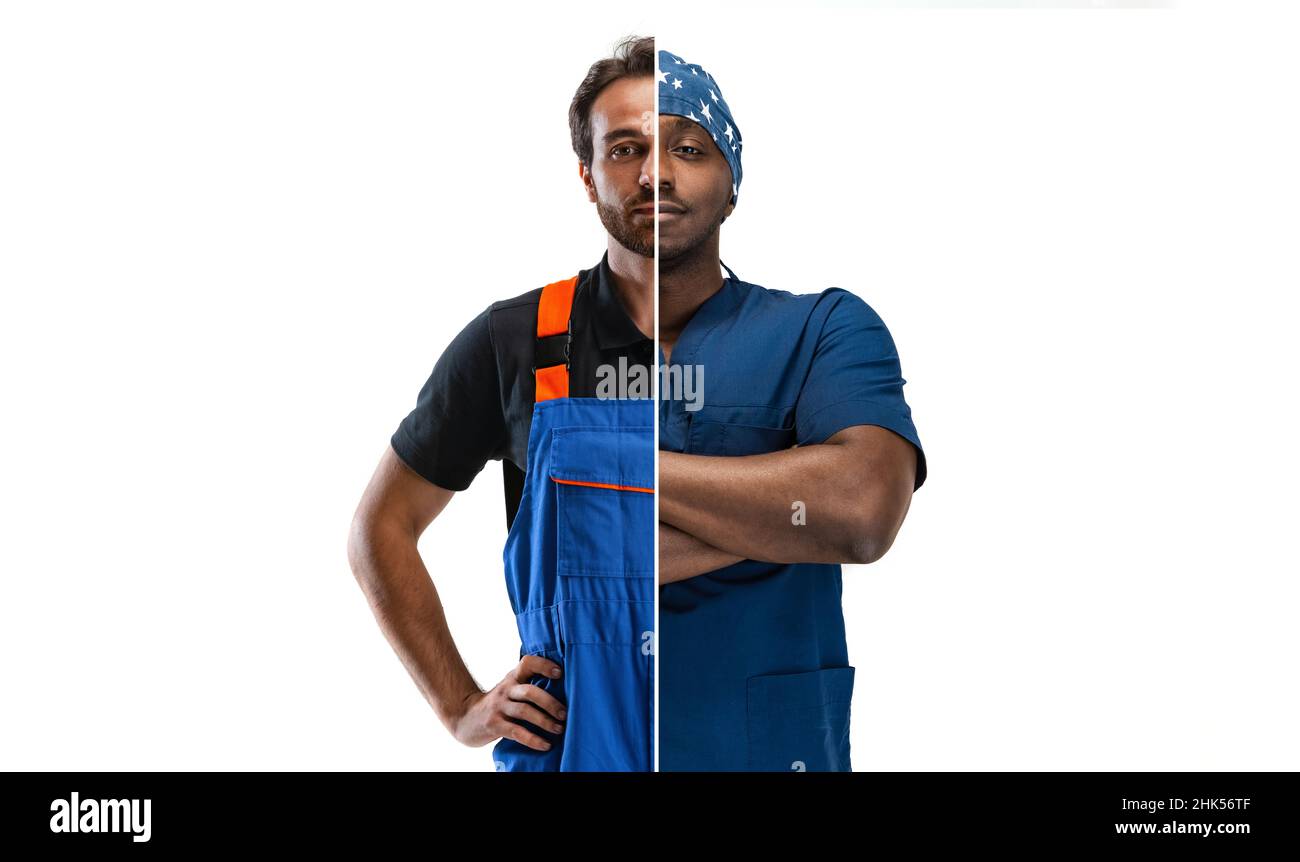 Artwork. Composite image of two halves of body of doctor and mechanic ...