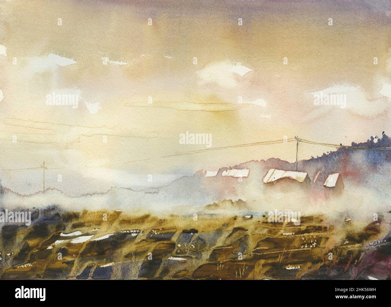 Mist covered landscape painting with buildings. Landscape watercolor ...