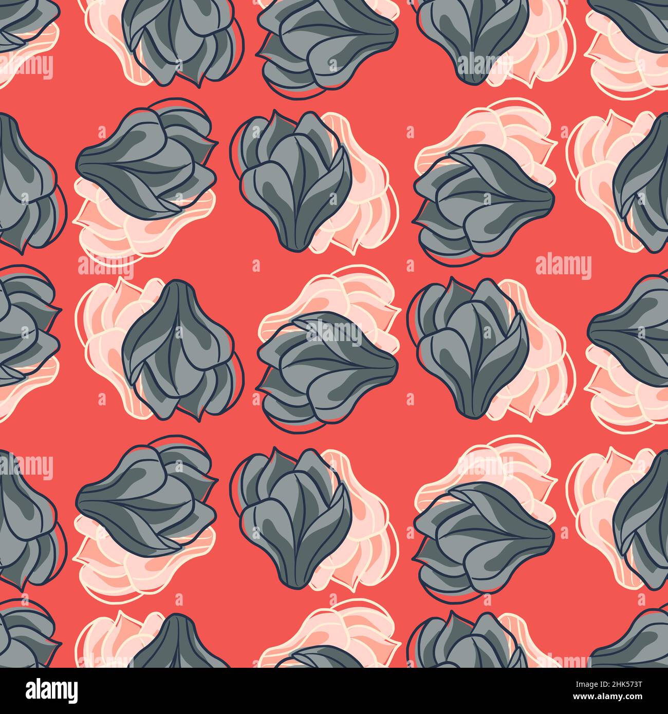 Grey and white decorative magnolia flowers seamless pattern. Pink ...