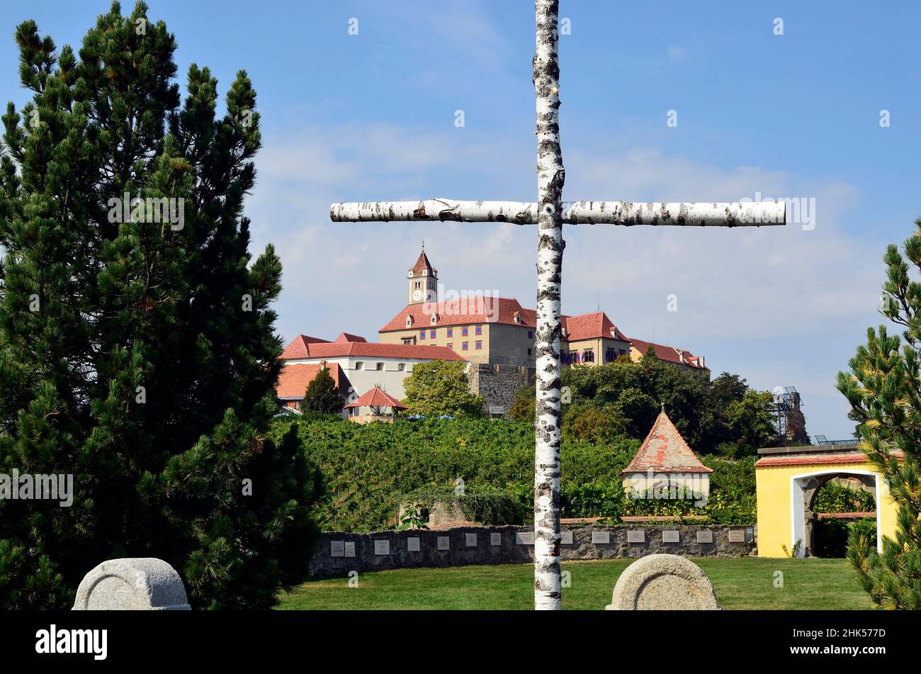 Austria, the medieval fortified castle is enthroned on a rock above the ...
