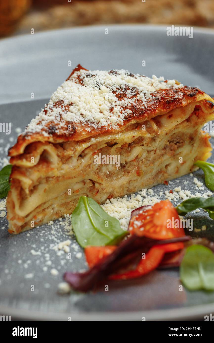 Homemade delicious Meat lasagna with basil leaf on the top. Close up ...