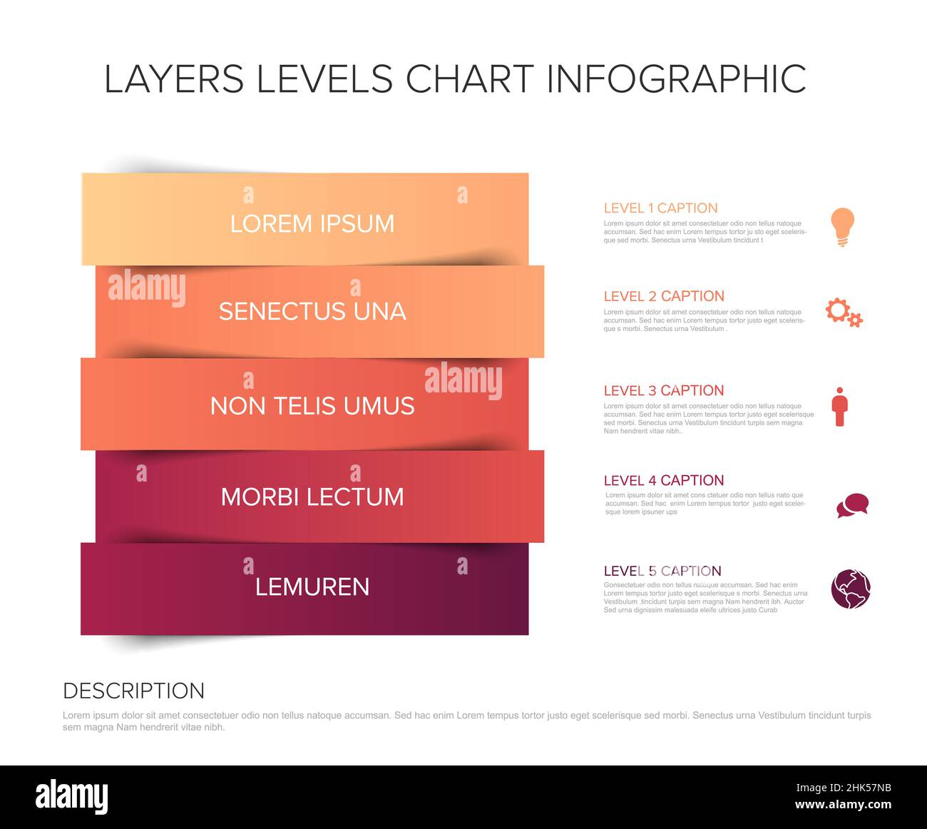 Layers levels infographic template - red stripe layers in square infochart with five stripes ...